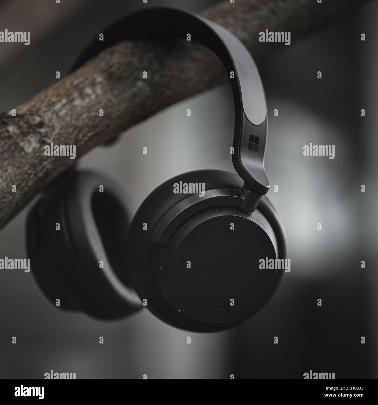 A selective focus of Microsoft Surface headphones in matte black color ...