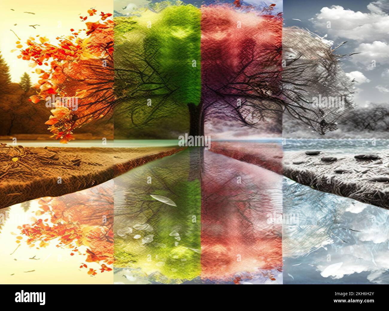 The four seasons in a tree reflected in the water of a lake. Concept of ...