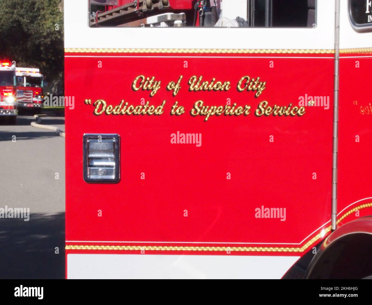 Fire department vehicle at a fire in Union City, California Stock Photo ...