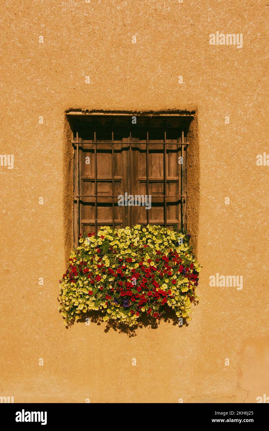 Flowers in a window of a house built in adobe style with loam ...