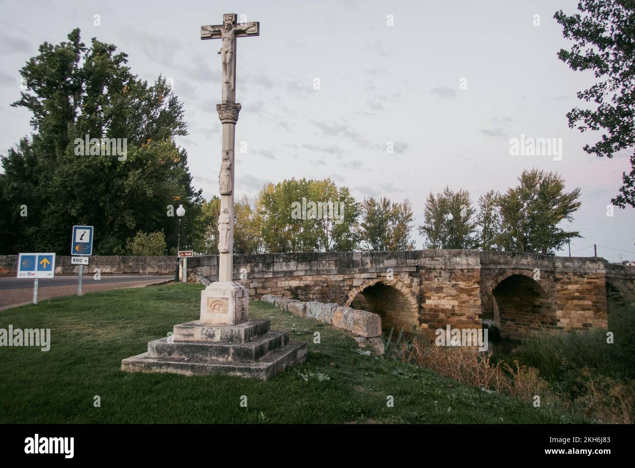 Stone wayside cross along the Camino de Santiago in Sahagún at the ...