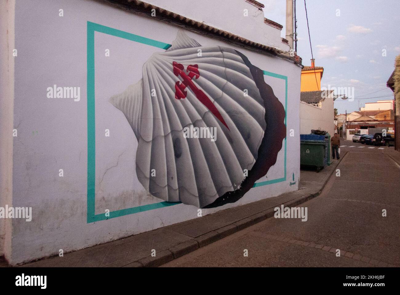 Mural of a pilgrim's scallop, symbol of the pilgrimage to Santiago de ...