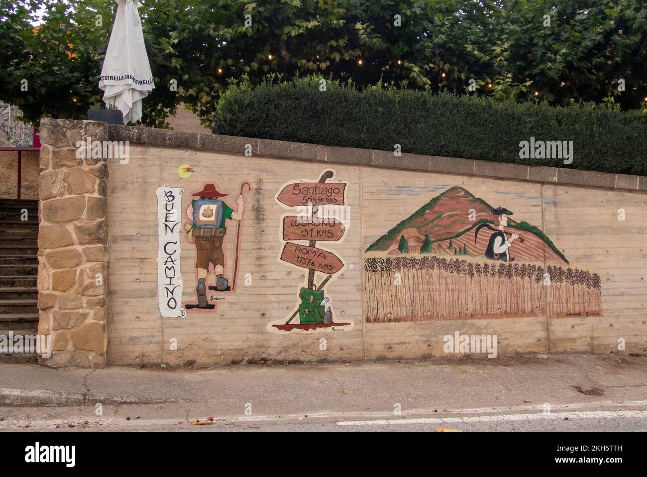 Wall paintings in comic style near the pilgrim's hostel in the village ...