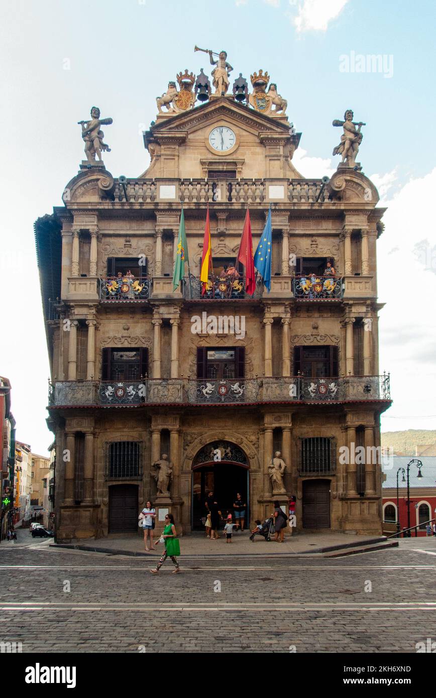 The splendorous historic city hall of Pamplona is a landmark builiding ...