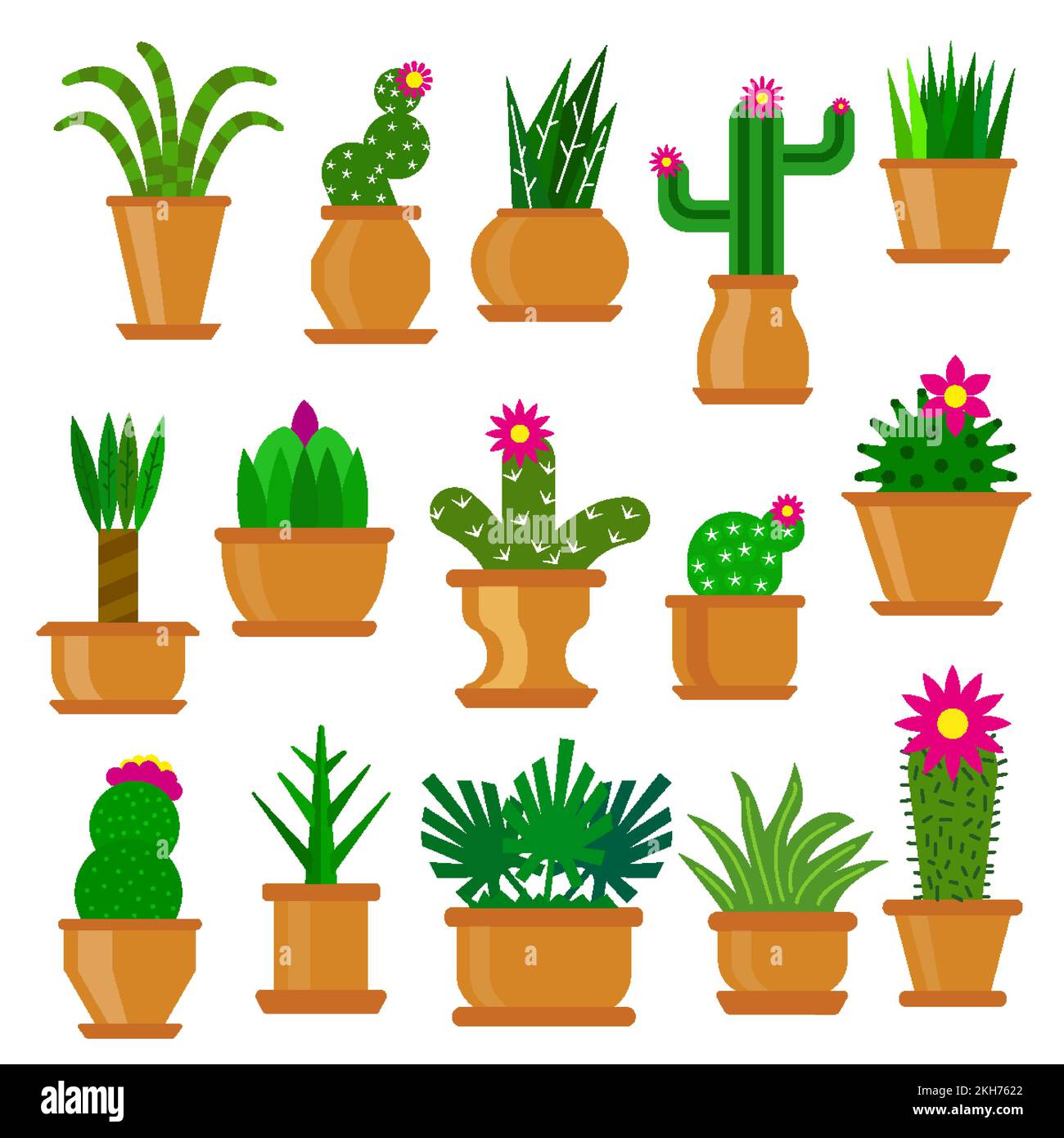 Cactus and succulent flat icon set. Different shapes of flowering cacti ...