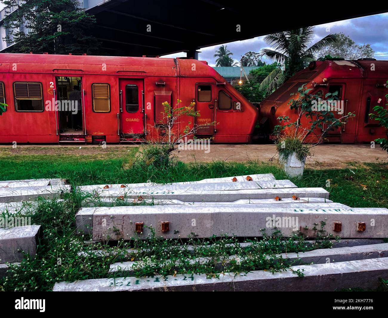 A view of the red train in the station Stock Photo - Alamy