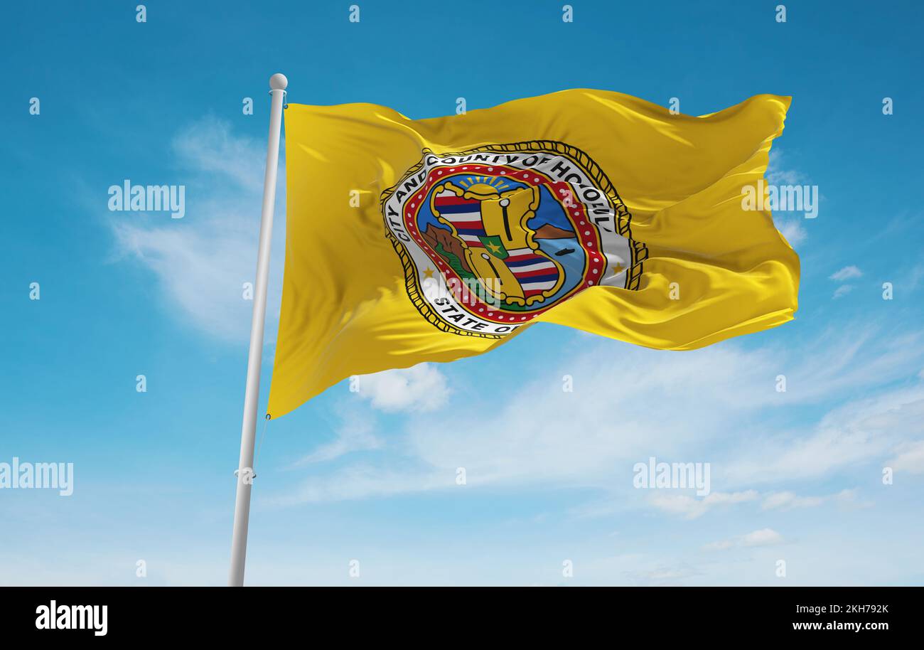 official flag of Honolulu, Hawaii untied states of America at cloudy ...