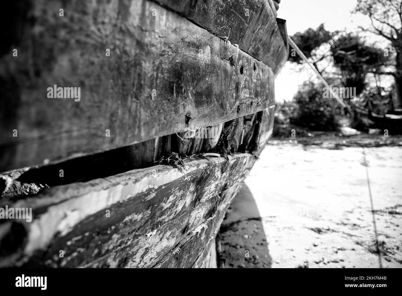 A grayscale shot of a wooden boat moored on the white beach in Zanzibar ...