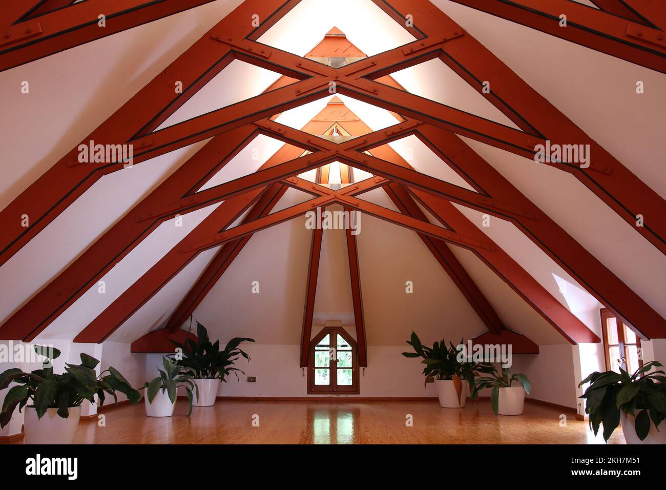The attic of Gaudi's Caprice (El Capricho) with vaulted ceiling and ...