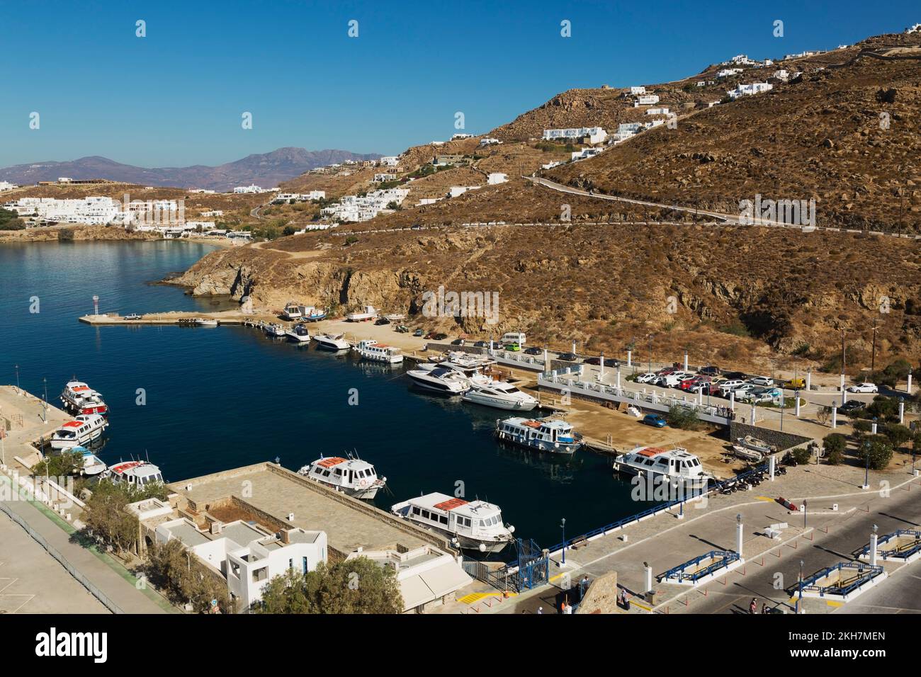 Top view of small boats and private yachts in Mykonos new port marina ...