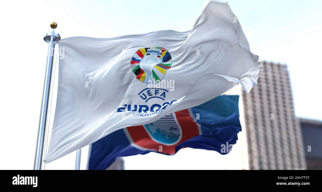 Berlin, Ger, Oct. 2022: The flag of UEFA Euro 2024 and UEFA flying in ...