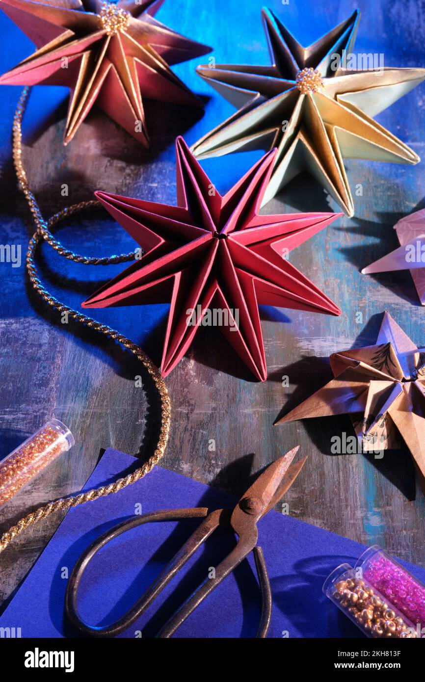 Handmade paper stars, self made Christmas decorations. Xmas ornaments ...