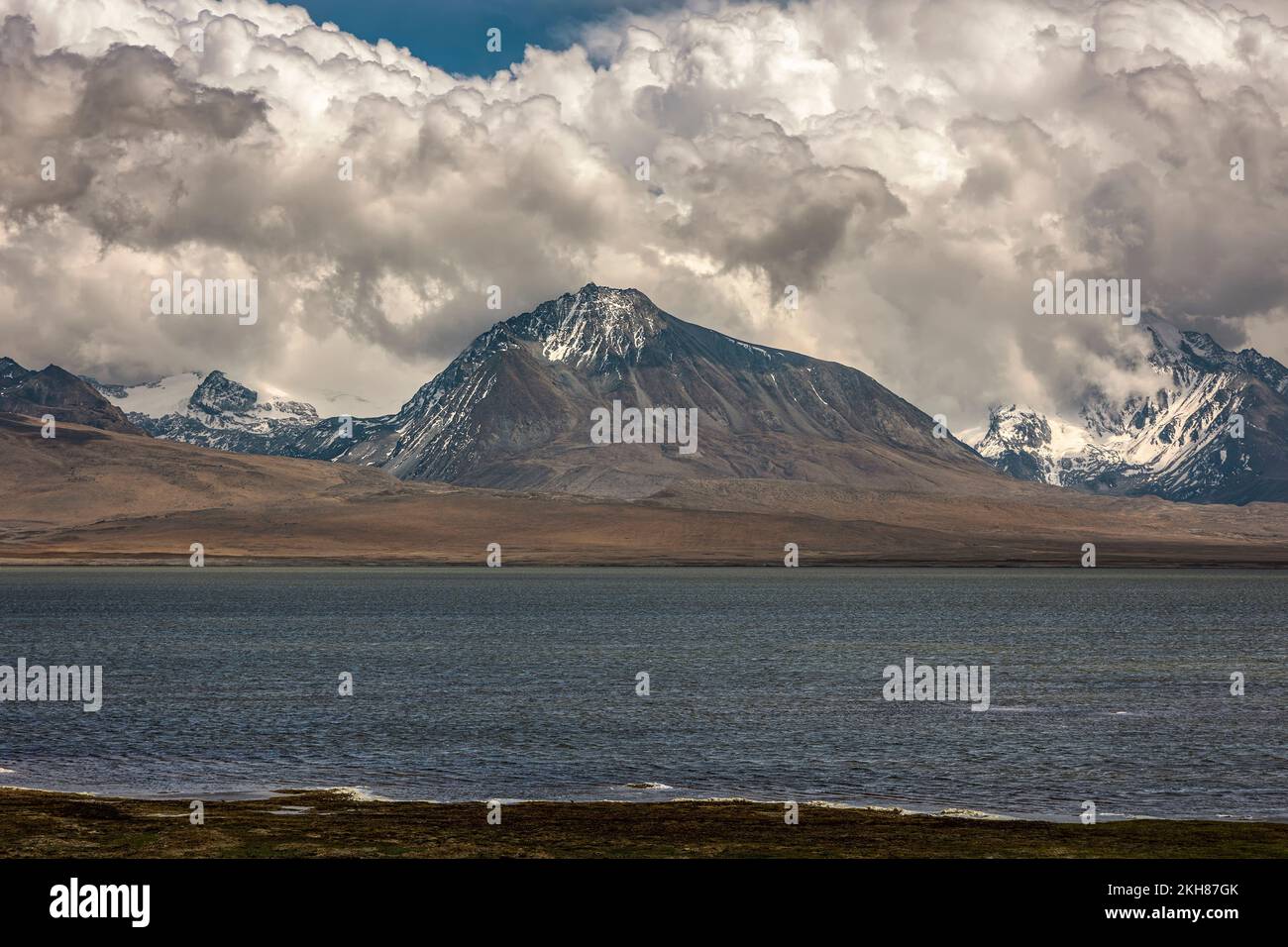 A view of the lake and mountains on a cloudy day in Tibet,China Stock ...