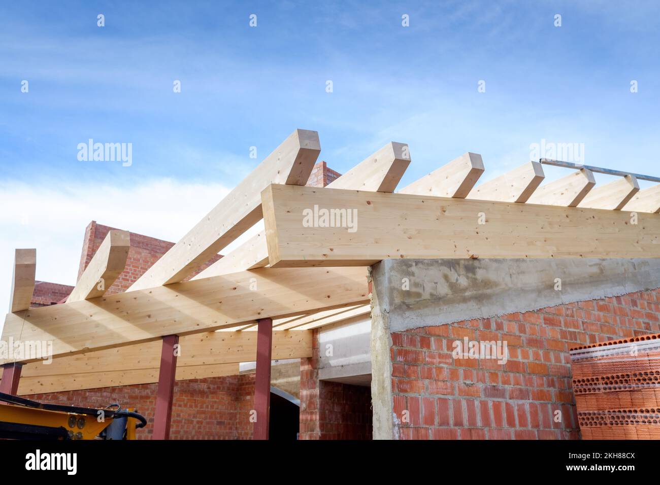 Construction of a natural wooden roof, structure with sustainable ...