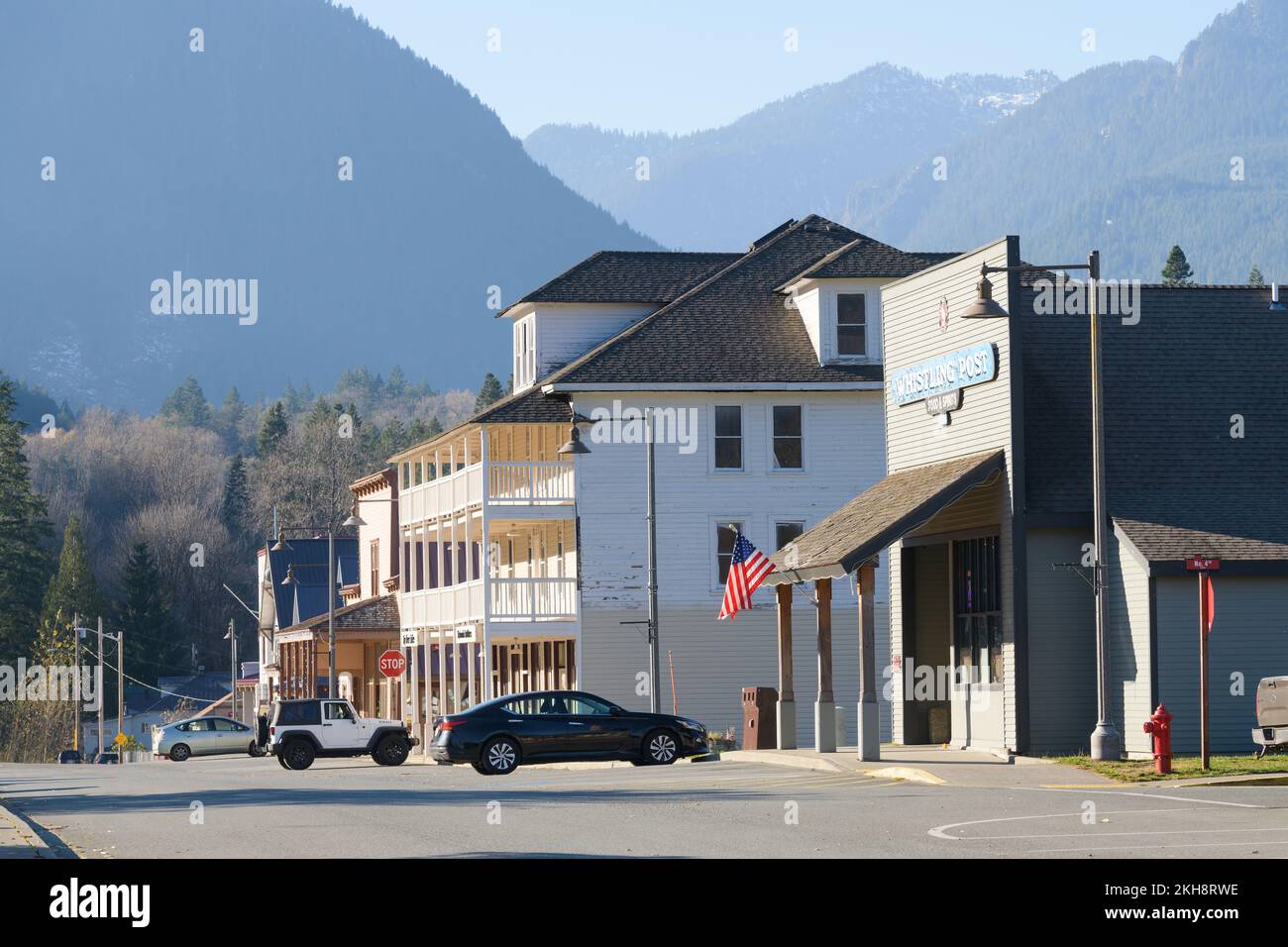 Skykomish, WA, USA - November 18, 2022; View west along Railroad Avenue ...