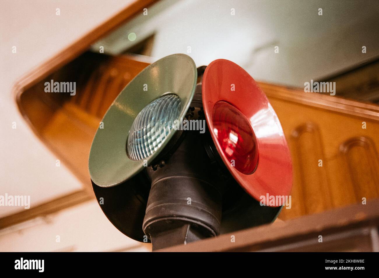Railrod crossing lights on display at the Conway Scenic Railway station ...