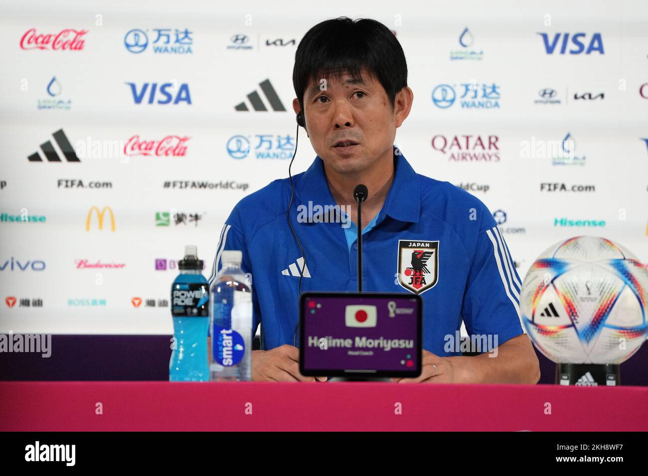 Doha, Qatar. 22nd Nov, 2022. Head coach Hajime Moriyasu of Japan addresses a press conference of ...