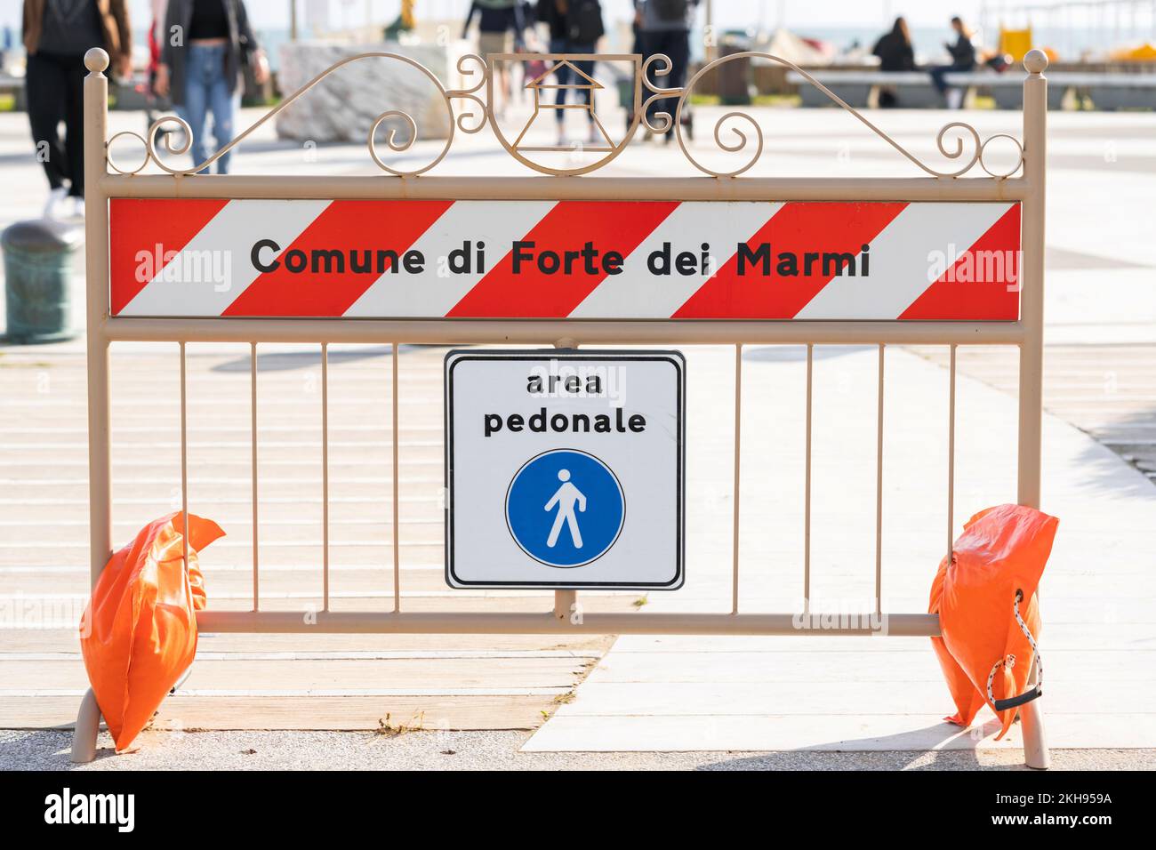 Pedestrian area sign. White square road sign indicating the entrance to ...