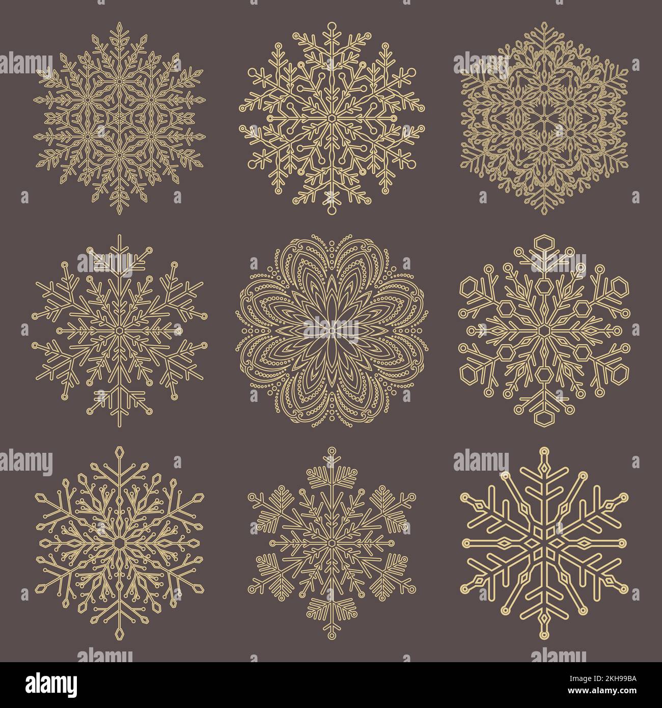 Set of vector snowflakes. Collection of winter brown and yellow ...