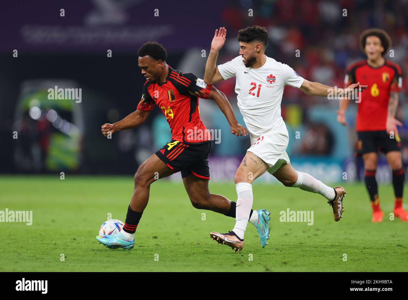 Al Rayyan, Qatar. 23rd Nov, 2022. (L to R) Lois Openda (BEL), Jonathan ...