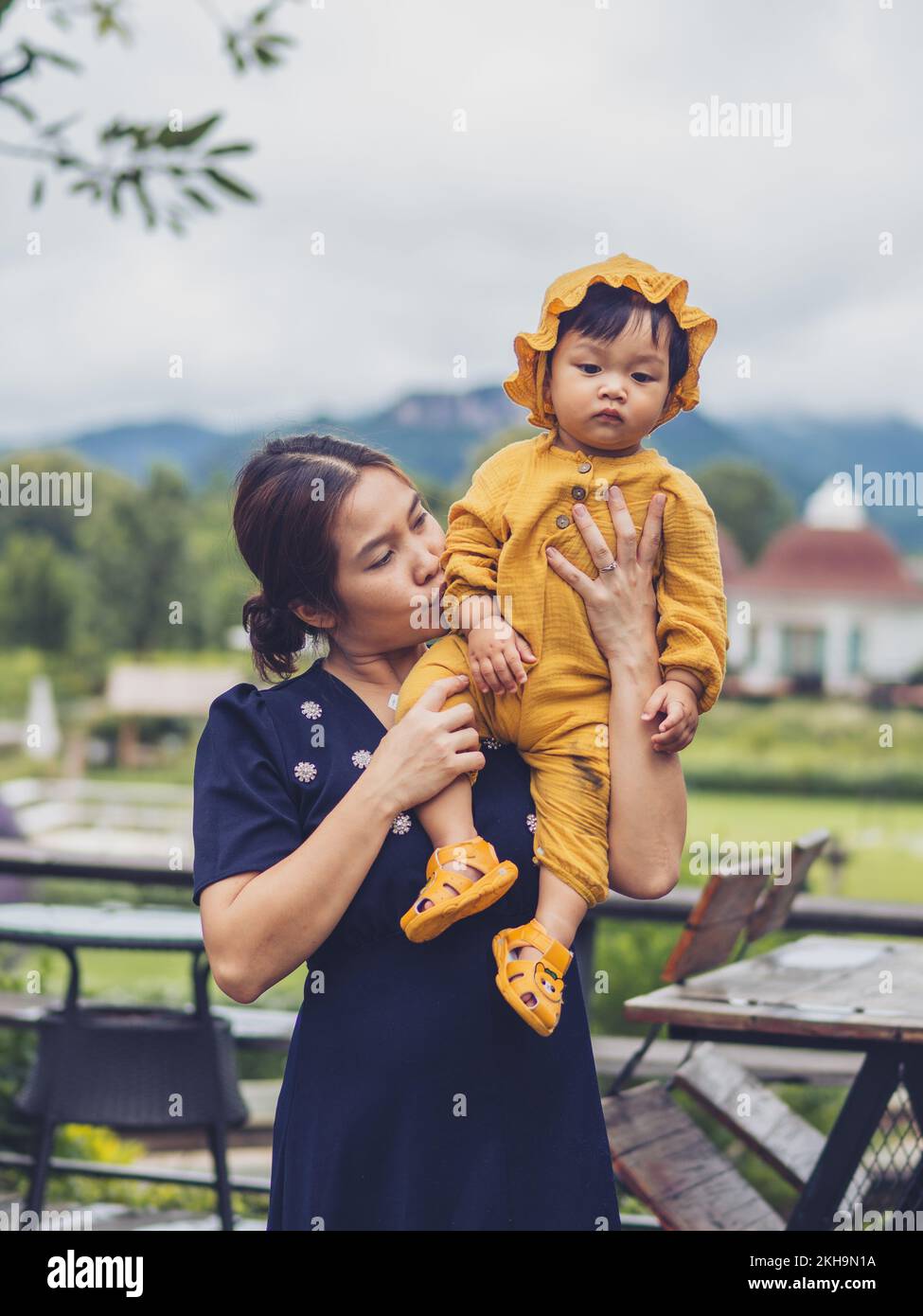 Asian mother and son of Thai nationality and nature at Thung Saliam ...