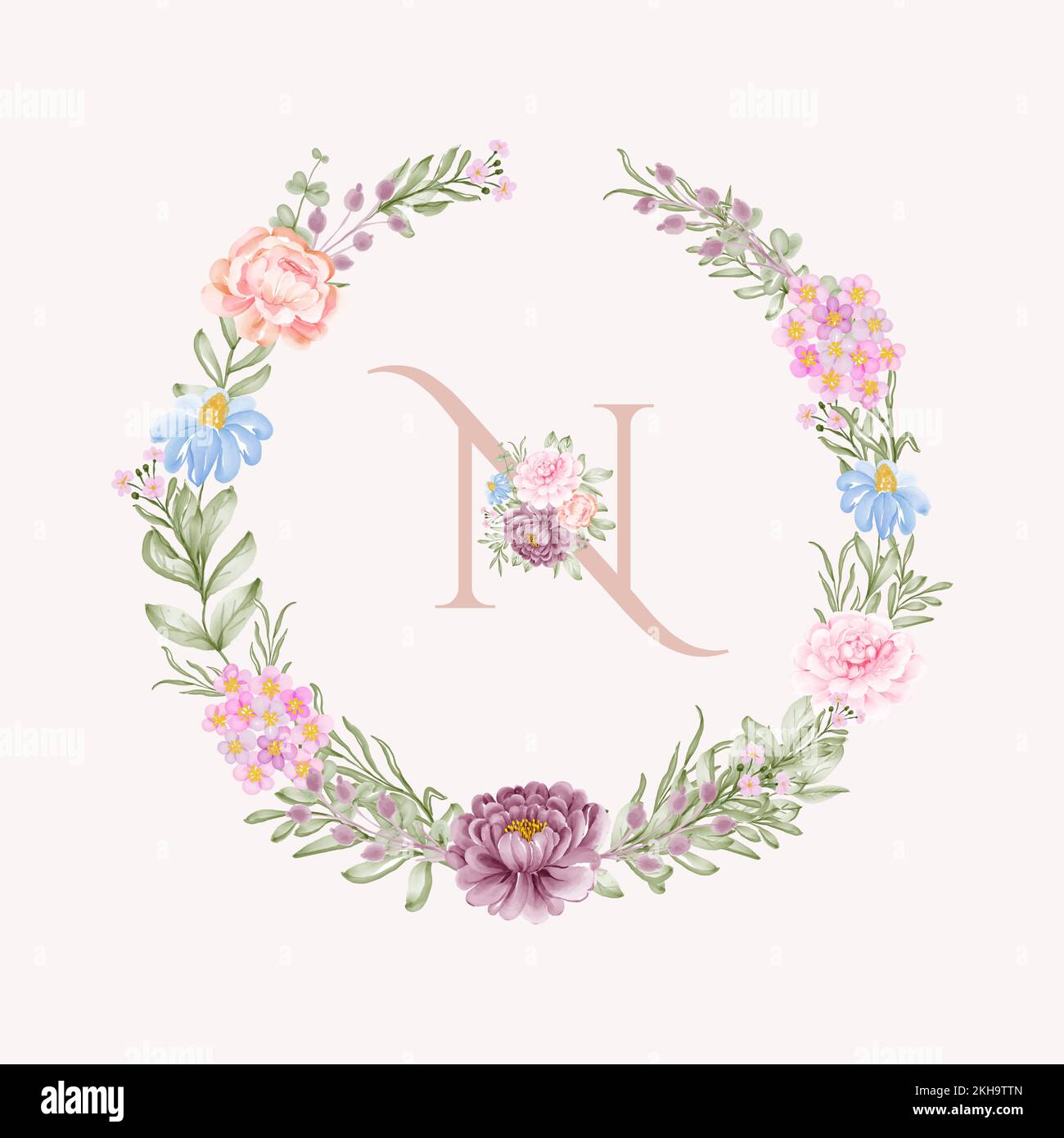 Watercolor floral crest. N initial lettering wedding crest monogram ...