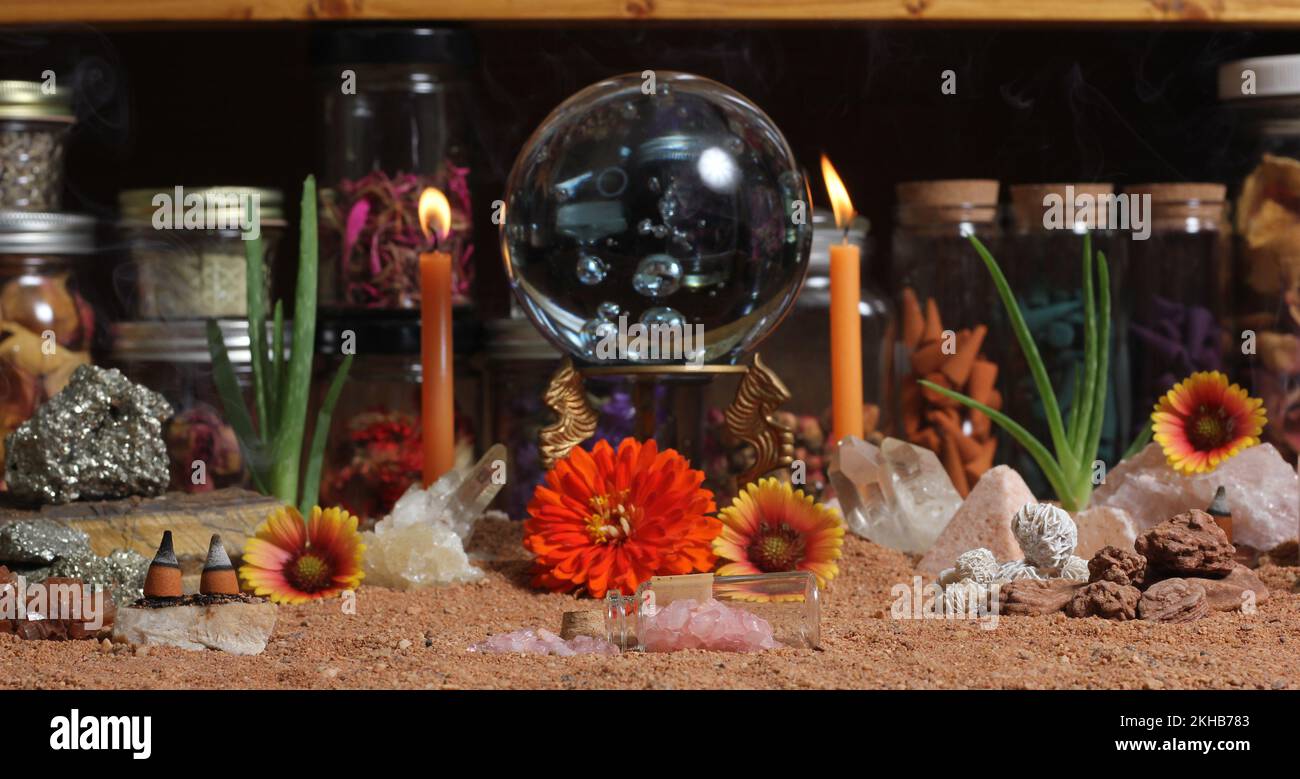 Crystal Ball With Candles and Chakra Stones on Australian Red Sand ...