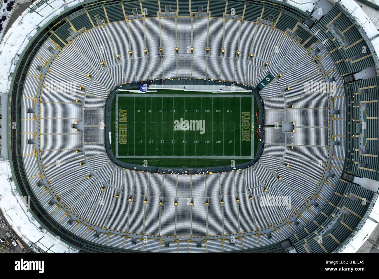 A general overall aerial view of the football field and the Green Bay ...