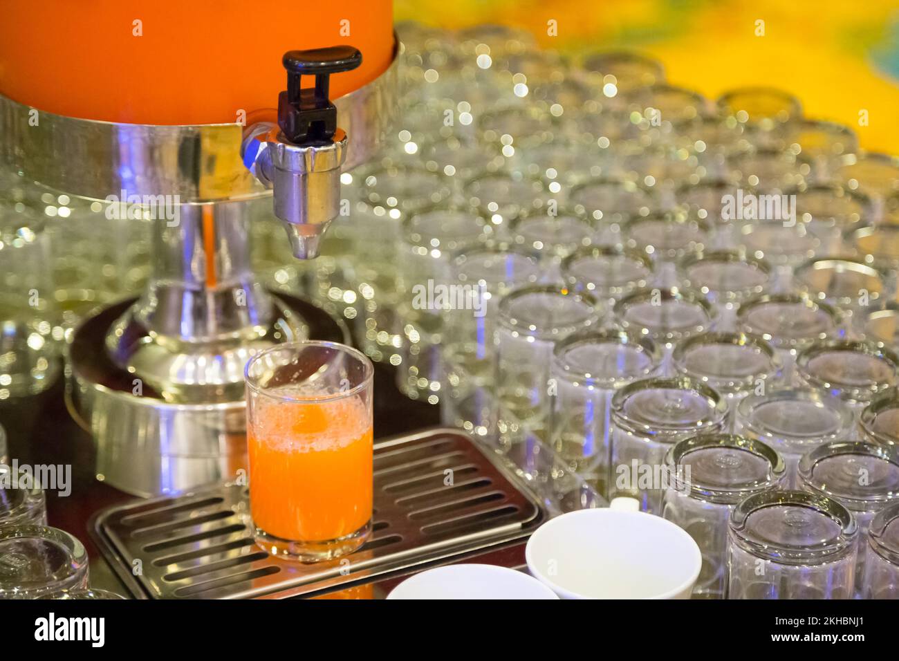 Many glasses with orange juice on buffet table food background Stock ...