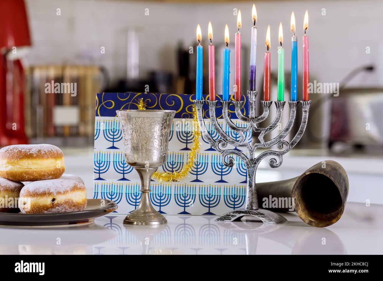 Hanukkah celebrations Judaism holiday symbols lighting of candles on ...