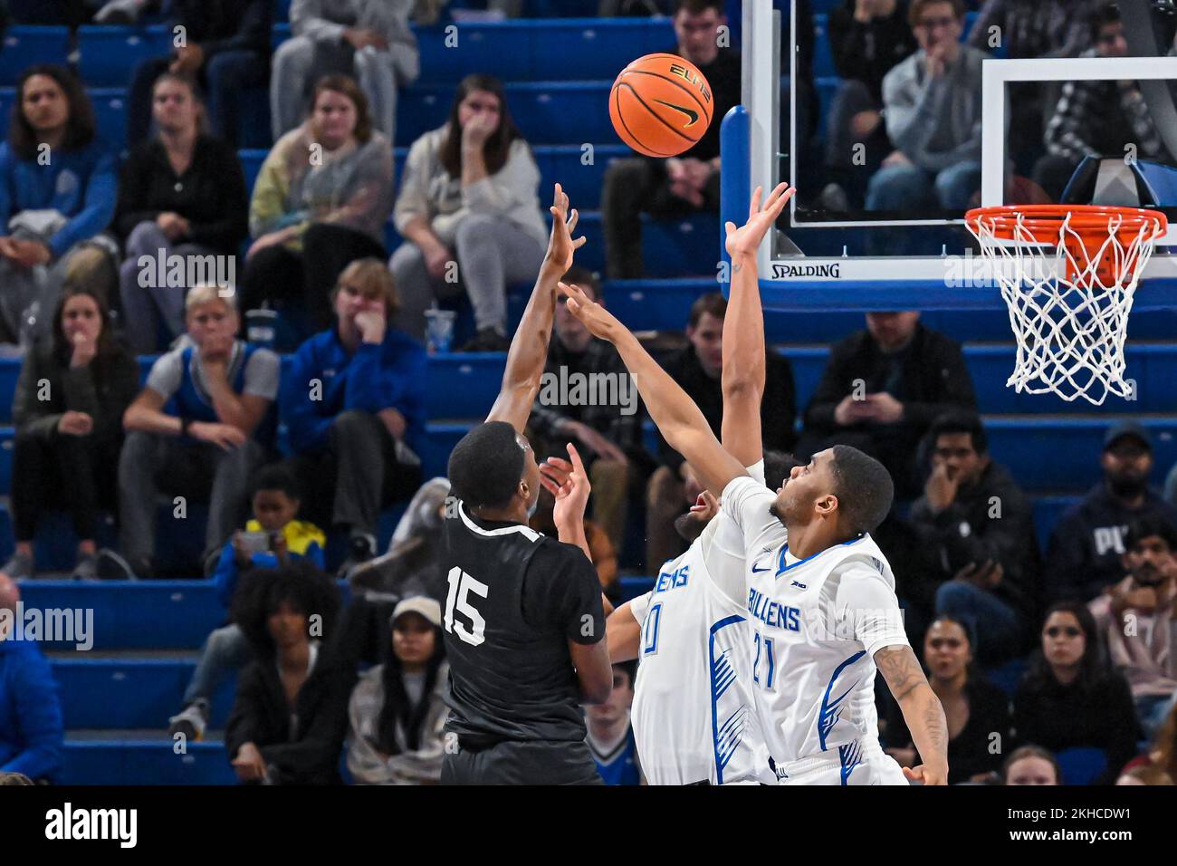 NOVEMBER 23, 2022: Paul Quinn Tigers forward Caleb Thompson (15) lifts ...