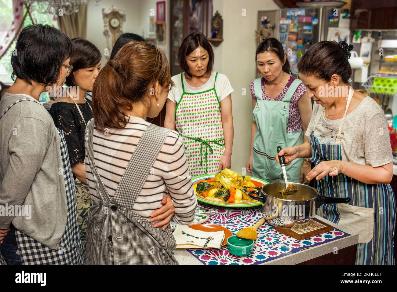 Teacher finishes couscous, Moroccan cooking class, Tokyo Japan Stock ...