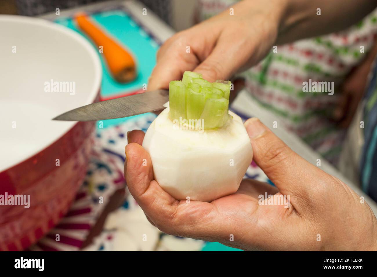 Teacher prepares kabu, turnip, Moroccan cooking class, Tokyo, Japan ...