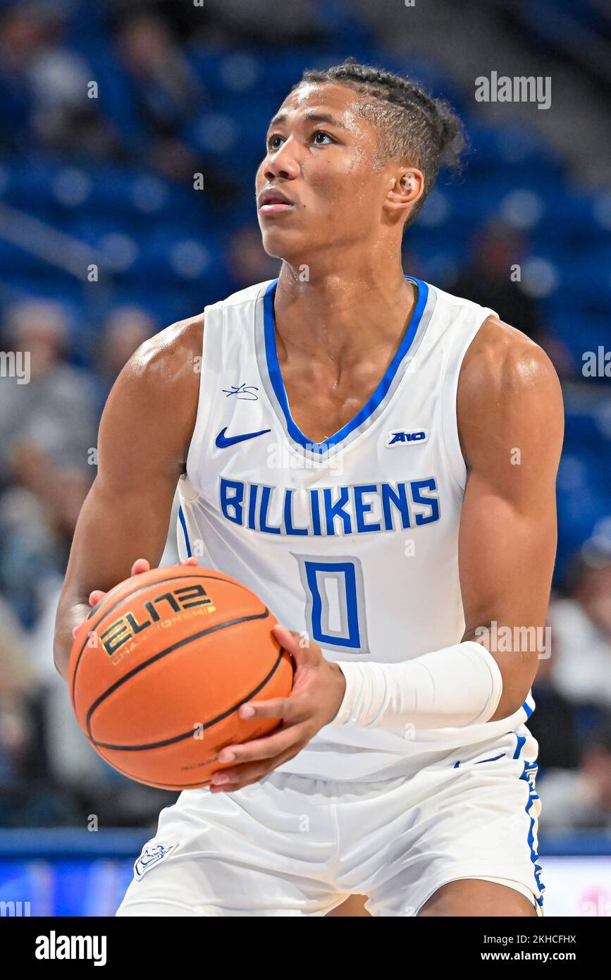 NOVEMBER 23, 2022: Saint Louis Billikens guard Kellen Thames (0) gets ready to take a free throw ...