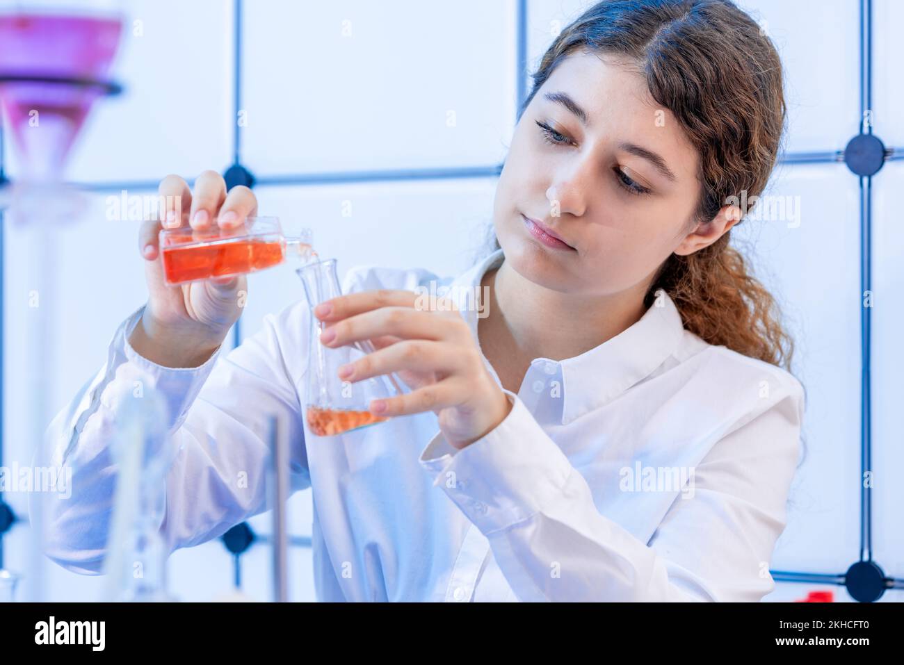 young woman in a microbiology laboratory fills a cell culture flask ...