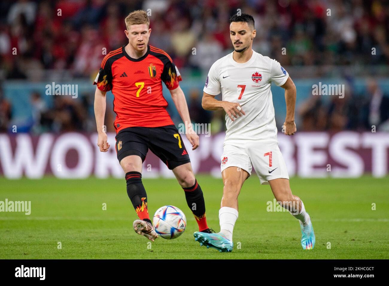 Stephen Eustaquio of Canada and Kevin De Bruyne of Belgium during the ...