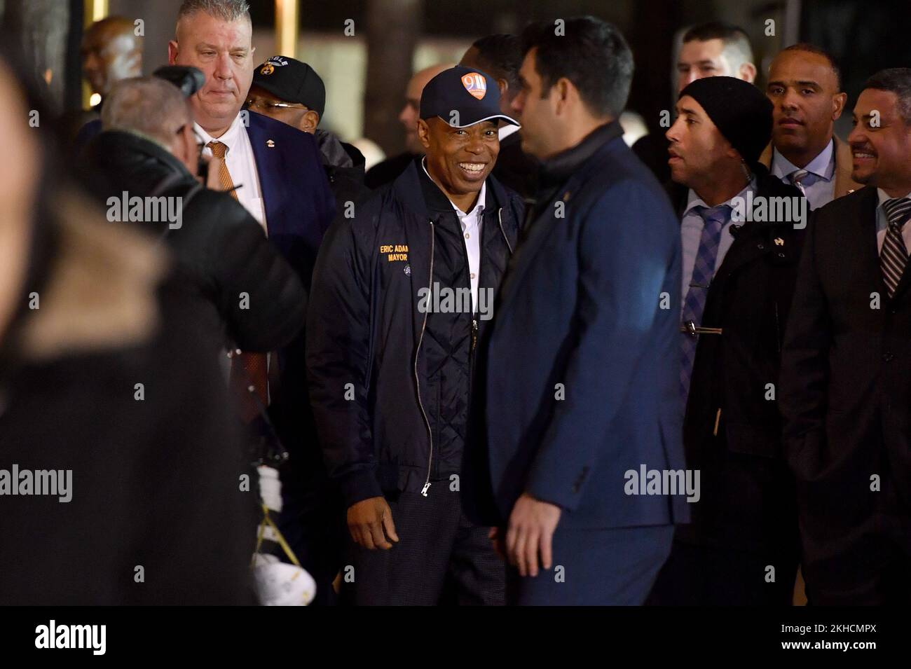 New York City Mayor Eric Adams (c) arrives at a press conference on the ...