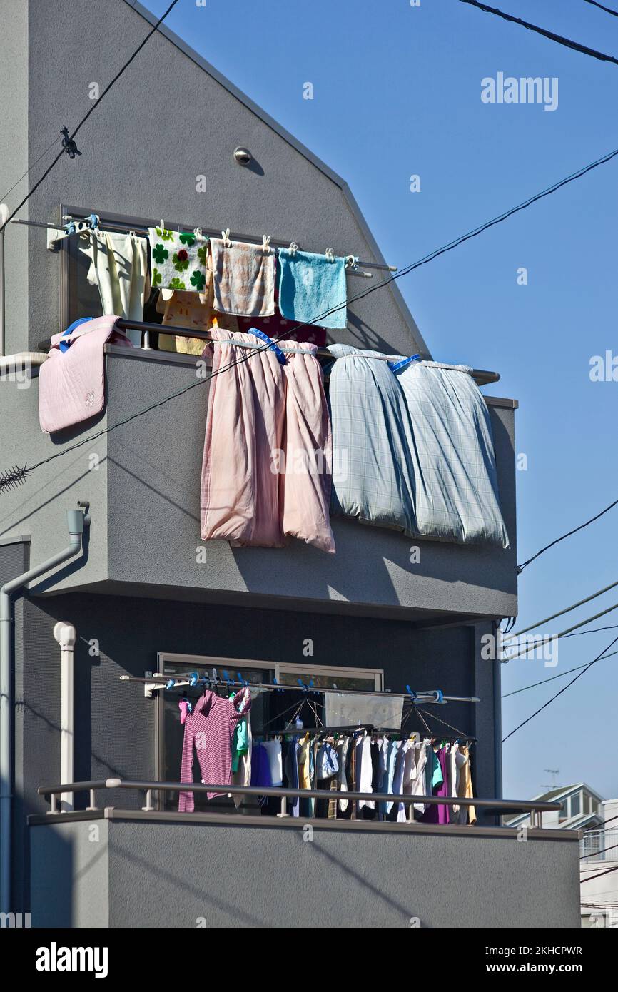 Typical scene of laundry drying on clothes lines in Nakaikegami, Tokyo ...