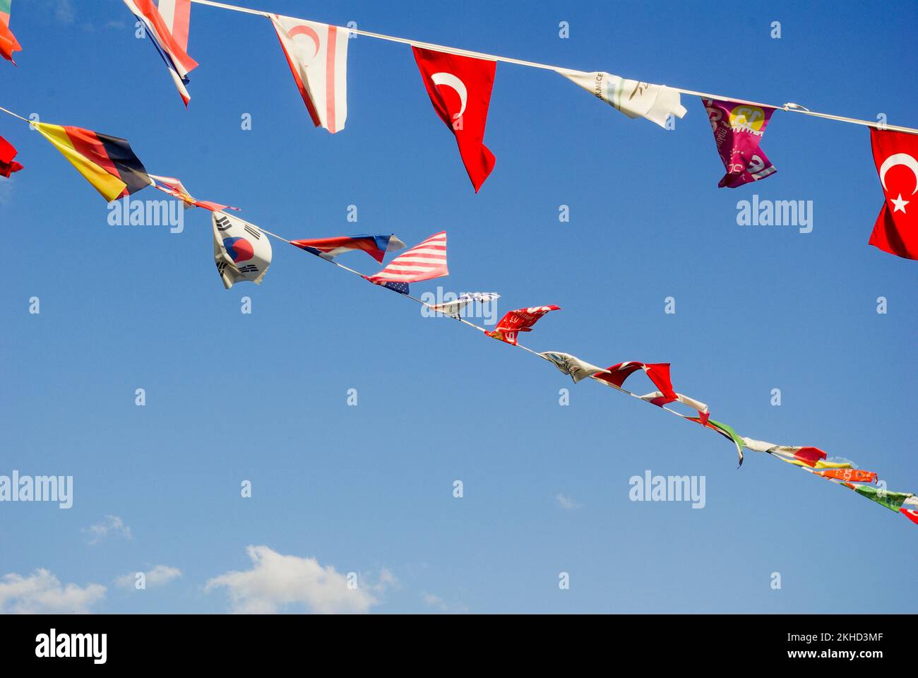 International flags in open air on a rope Stock Photo - Alamy