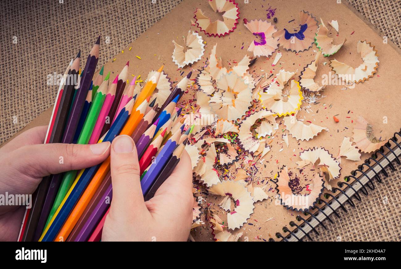 Hand holding Color Pencils over a notebook with pencil shavings Stock ...