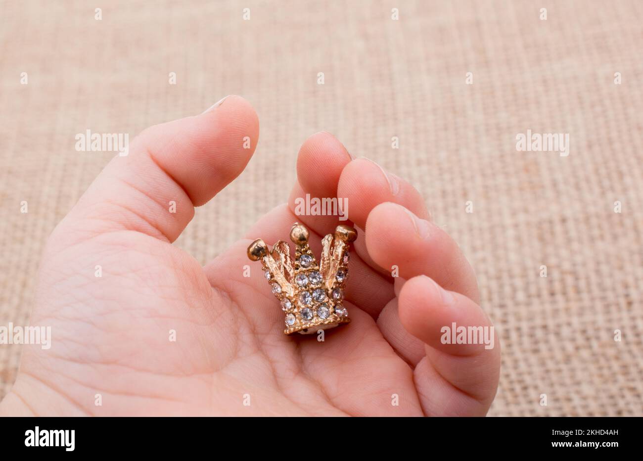 Hand holding a little model crown in hand Stock Photo - Alamy