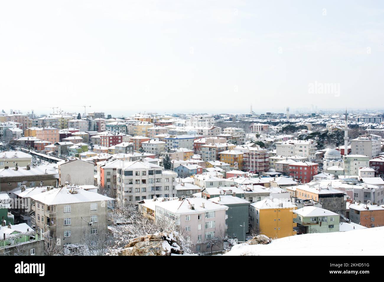 A winter view from the city of Istanbul with houses covered with white ...