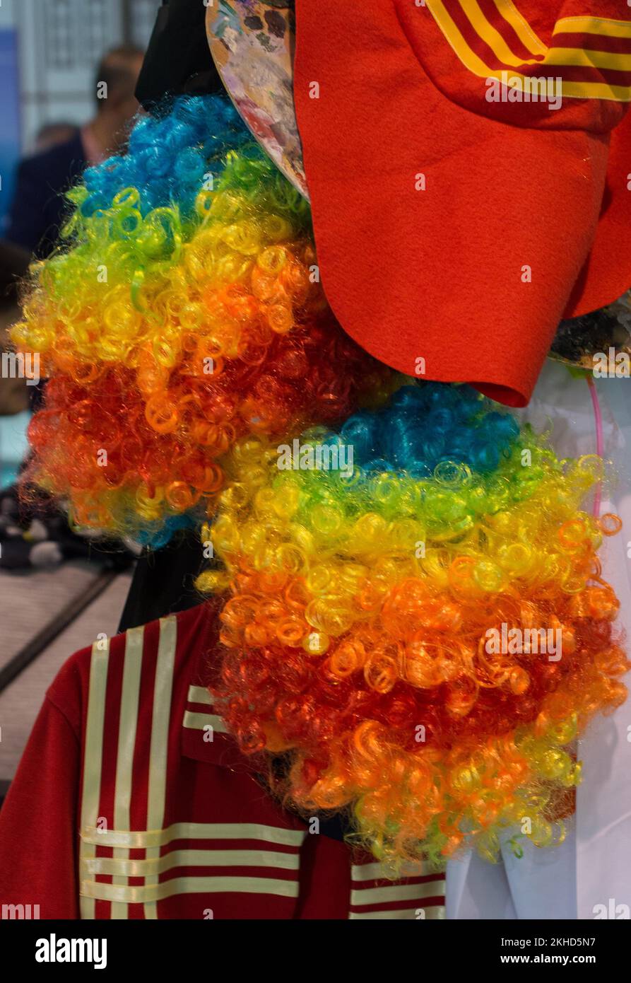 Closeip of rainbow colored clown wig in the view Stock Photo - Alamy