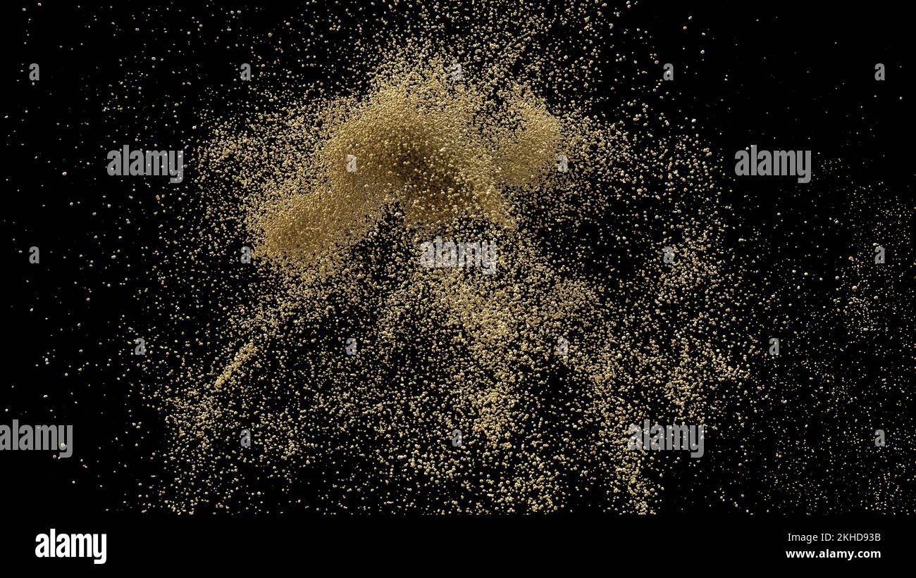 3D rendering of burst of sand granules or dirt on black background ...