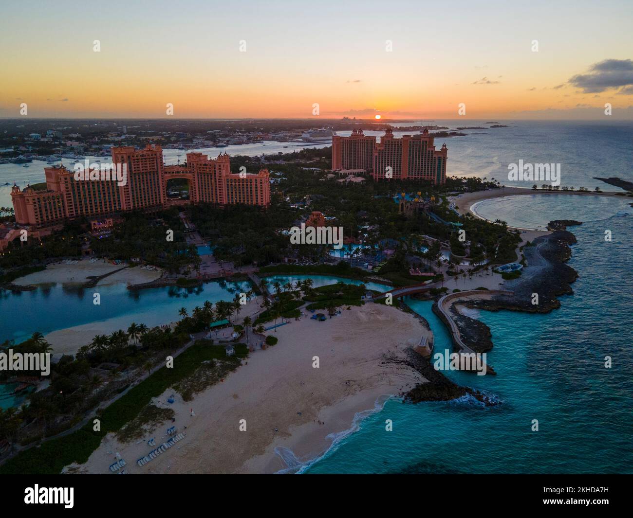 Paradise Beach aerial view with sunset twilight and The Cove Reef Hotel ...