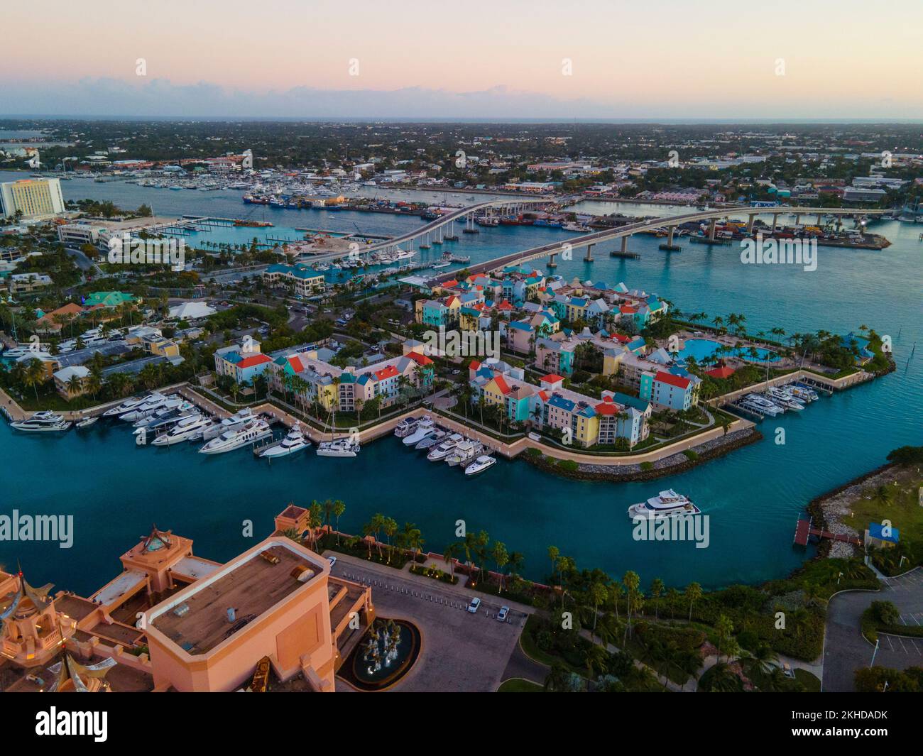 Harborside Villas aerial view with sunset twilight at Nassau Harbour ...
