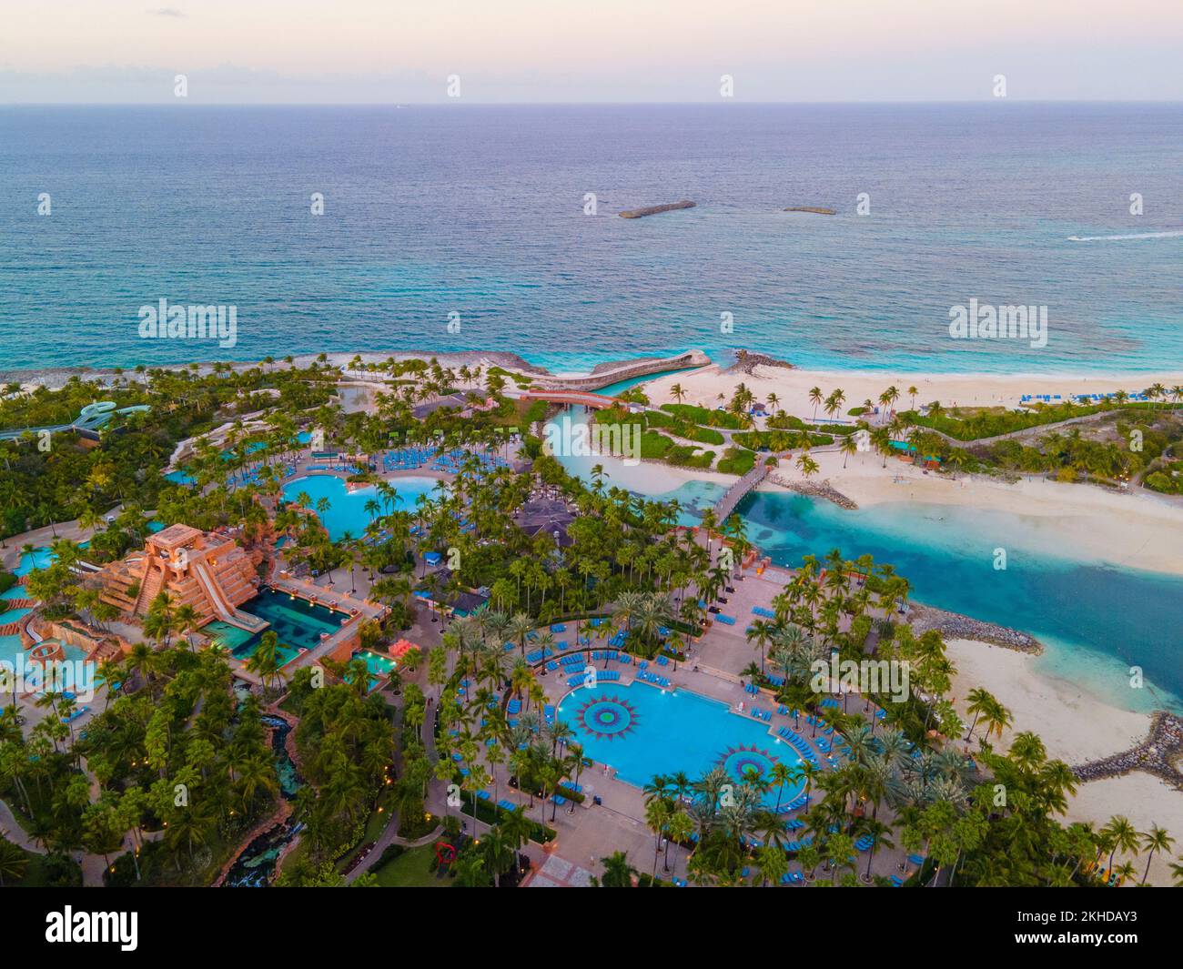 Paradise Beach aerial view at sunset with Mayan Temple and Paradise ...
