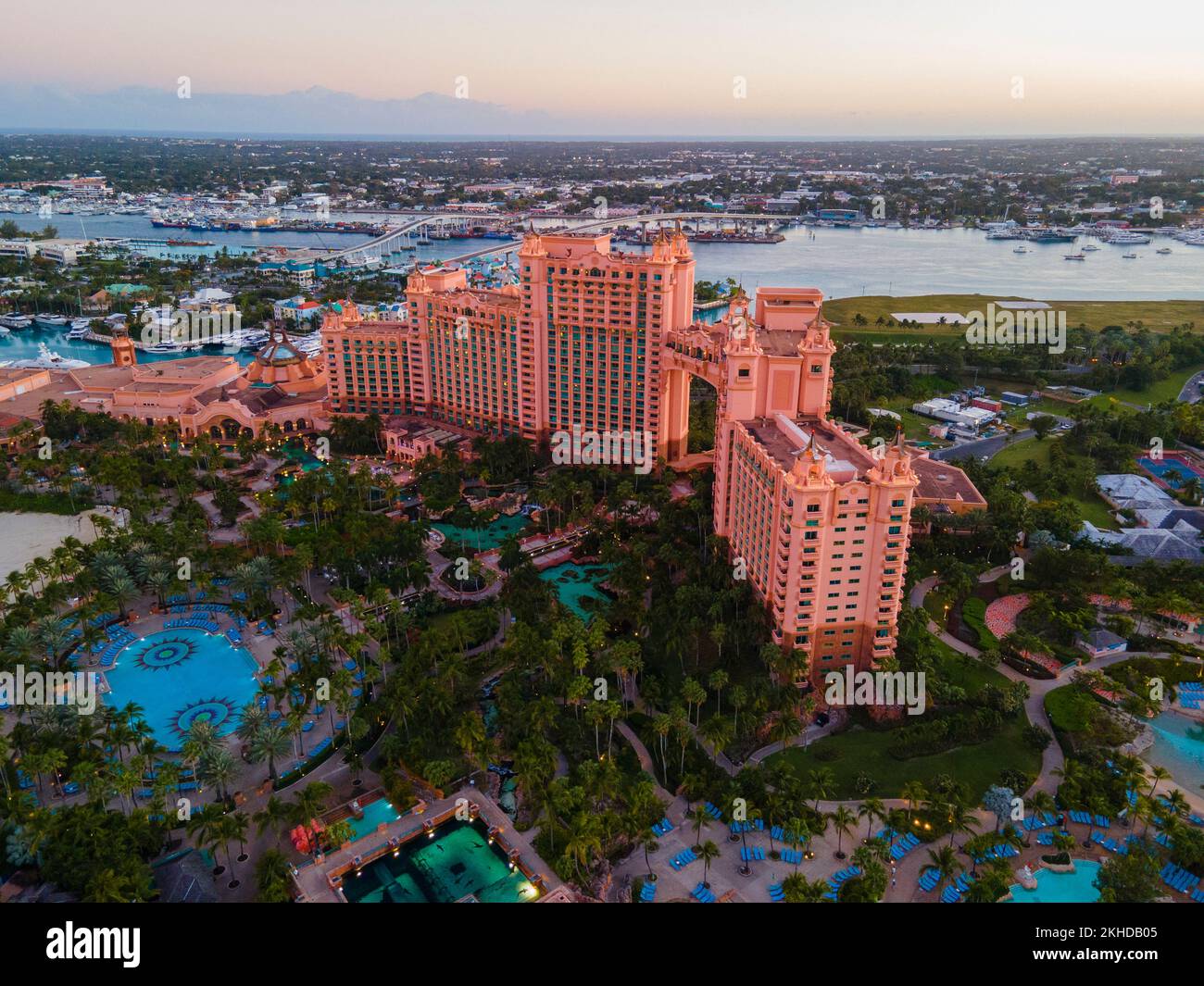 Royal Tower at Atlantis Hotel aerial view with Nassau downtown at the ...