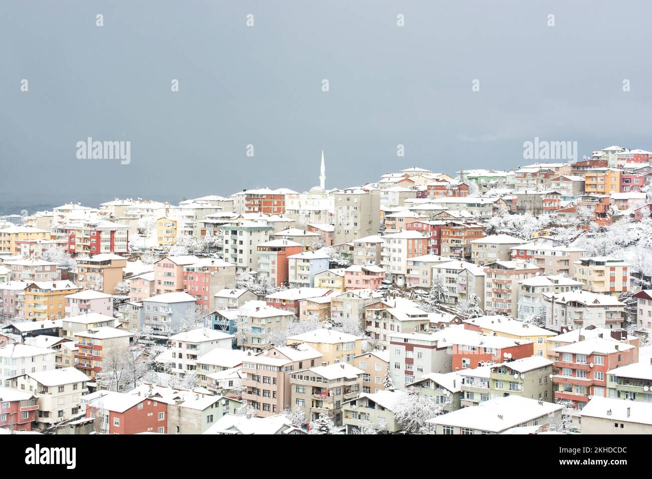 A winter view from the city of Istanbul with houses covered with white ...