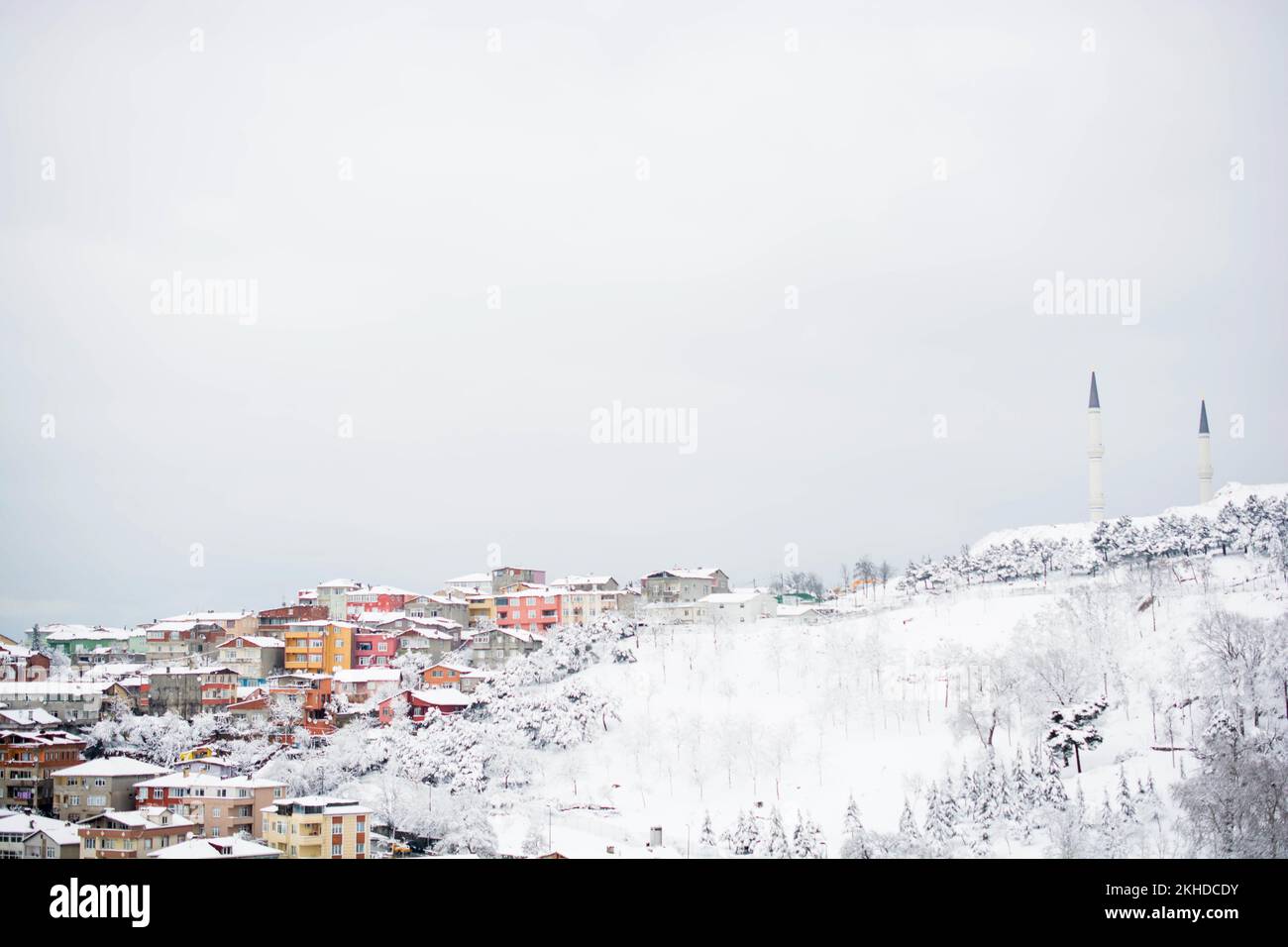 A winter view from the city of Istanbul with houses covered with white ...